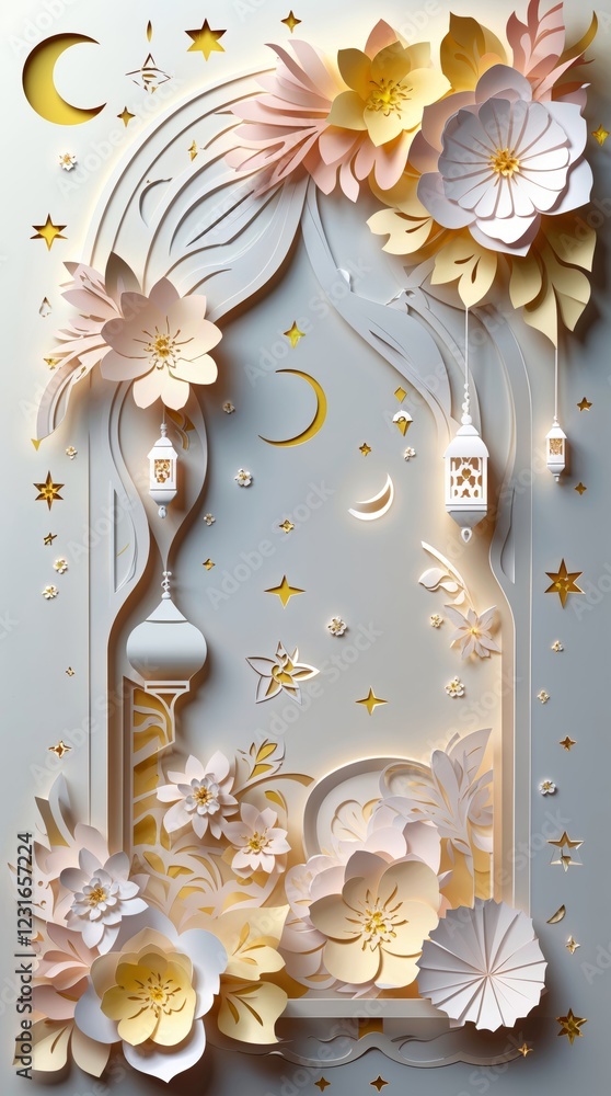 3D papercut style. colorful pastel color. Eid and ramadan kareem design ...