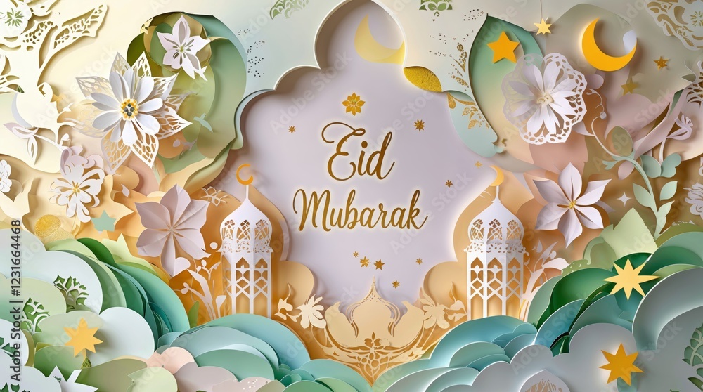 3D papercut style. colorful pastel color. Eid and ramadan kareem design ...