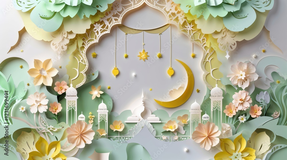 3D papercut style. colorful pastel color. Eid and ramadan kareem design ...