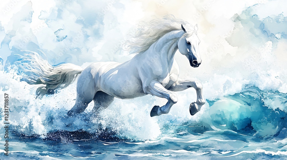 Graceful White Stallion Galloping Amid Ocean Waves - Stunning Equine ...