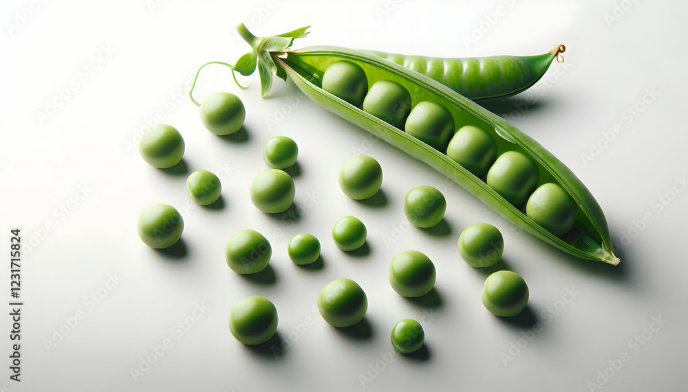 Vegetables A scattered arrangement of one open pea pod with seven peas ...