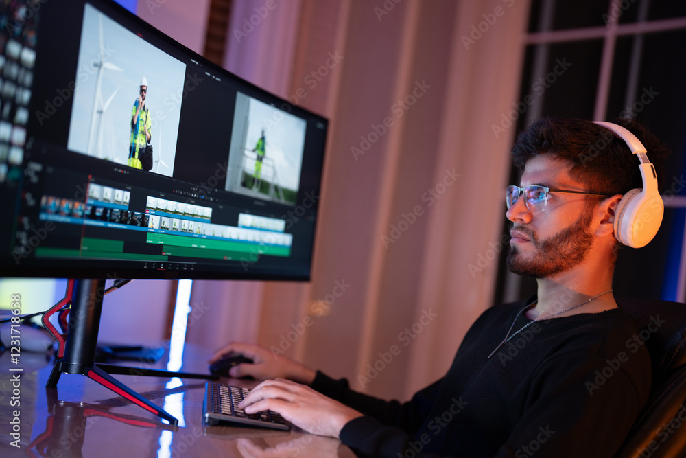 Editing a video project in a modern workspace with dual monitors and ...