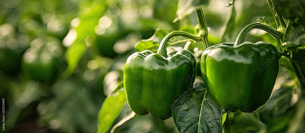 Lush green bell peppers hang on robust plants in a vibrant agricultural ...