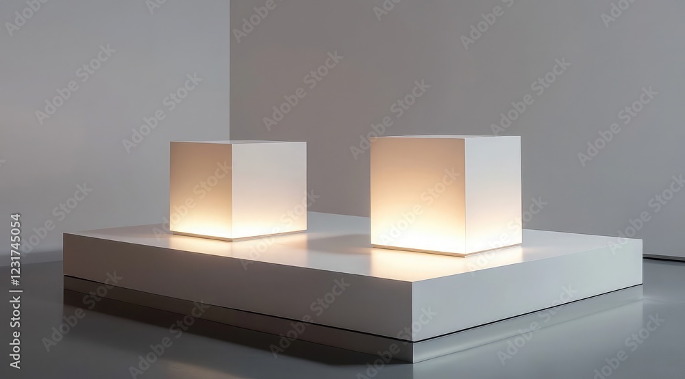 Two square boxes on a platform, white background, simple structure ...