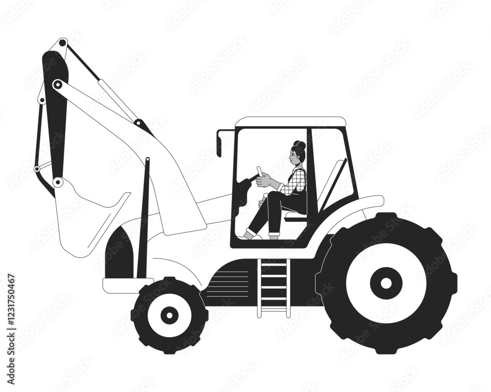 Woman driving excavator linear illustration. Construction worker. Heavy ...