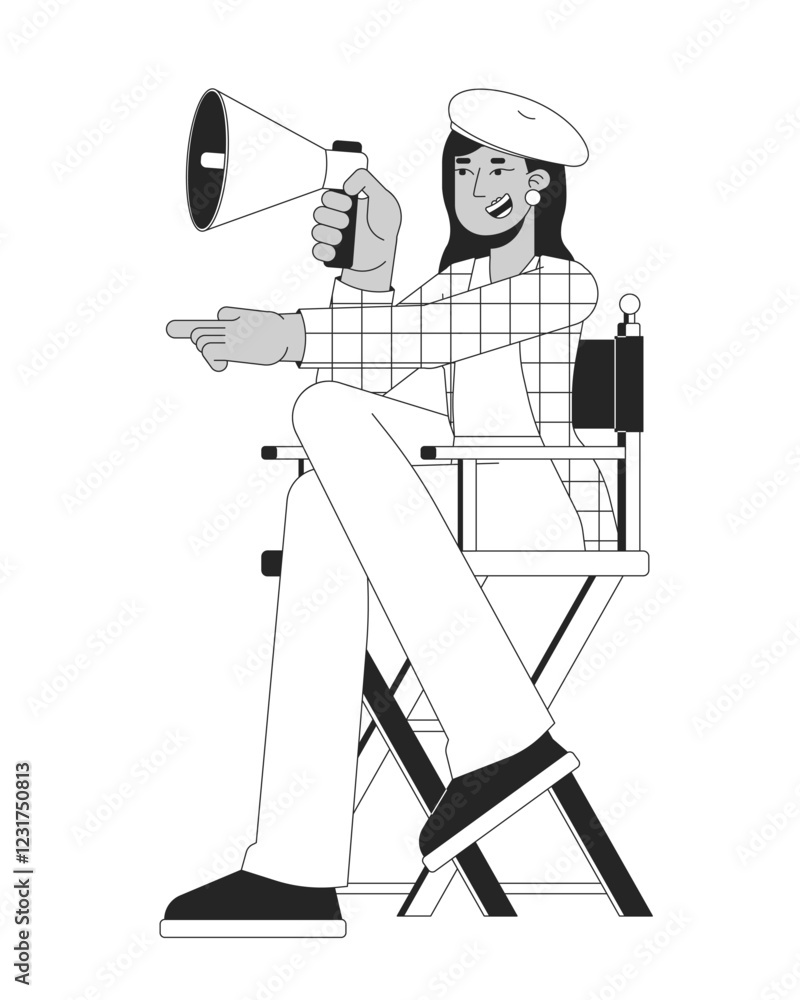 Female film director on chair with megaphone linear illustration. Movie ...