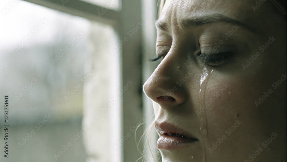 woman with tear rolling down her cheek, expressing deep emotion by ...