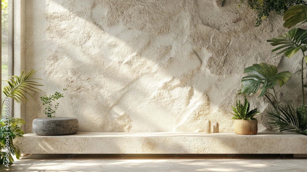 Product display on beige stone slabs with textured stone wall ...