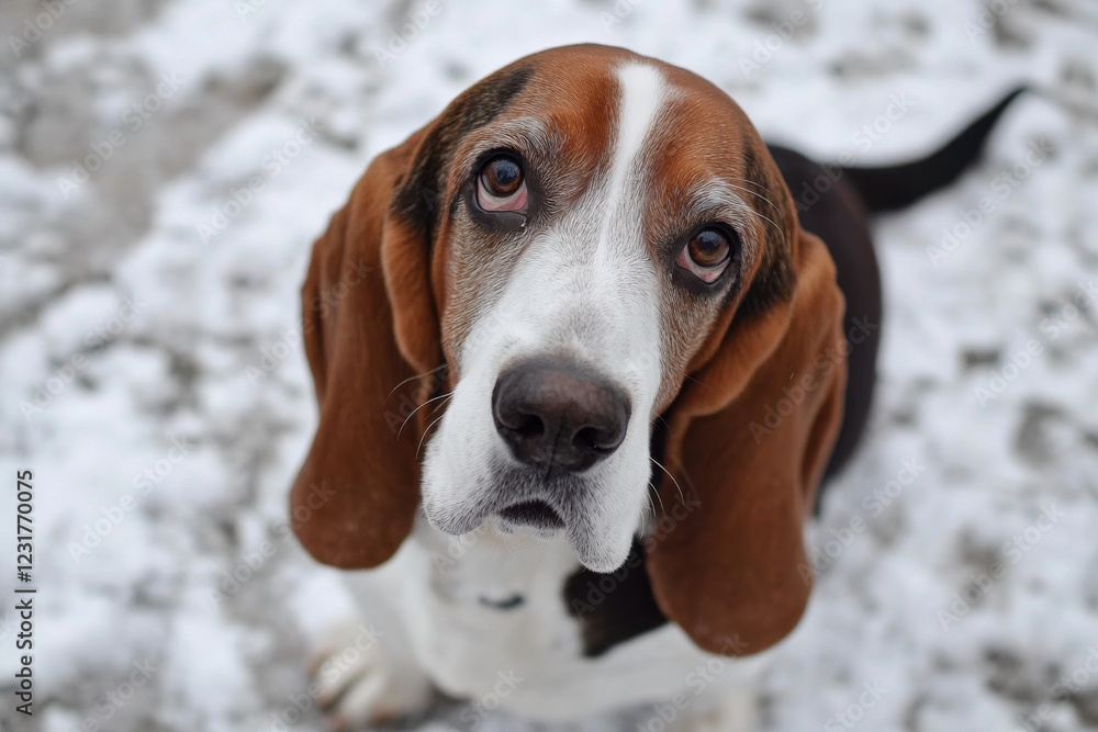 Basset hound with droopy ears, sitting on white to showcase its gentle ...