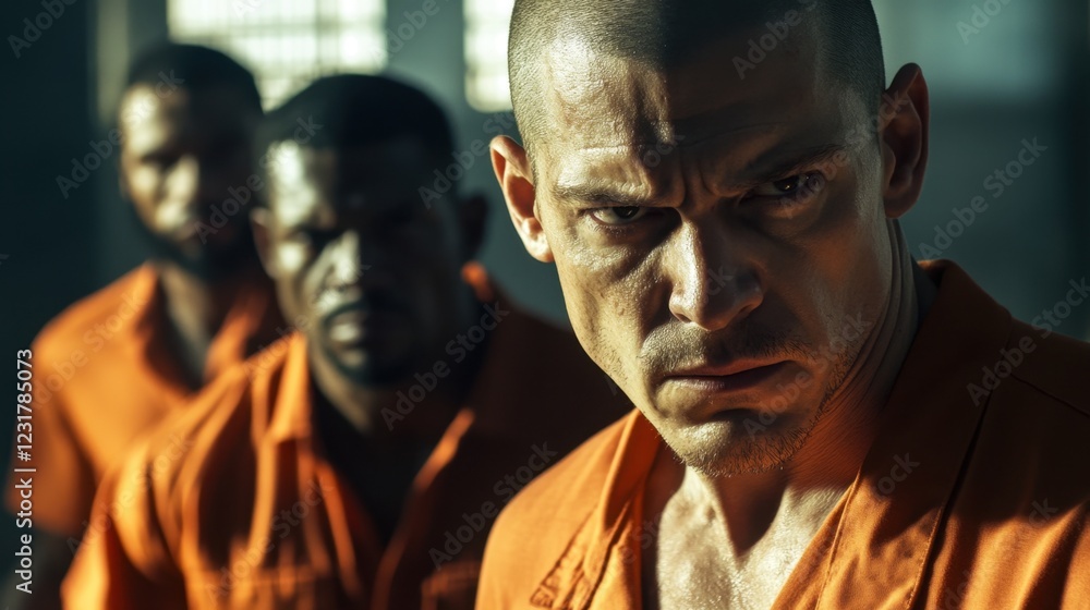 Foto de Stock Criminals jailed in prison in orange uniform behind metal ...