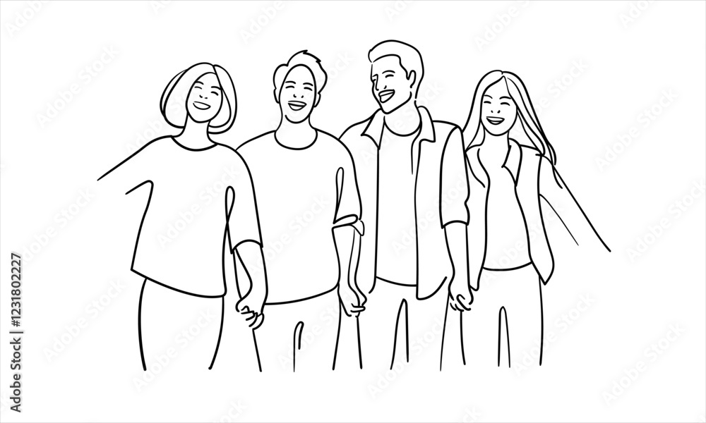 Happy friends continuous line art drawing isolated on white background ...