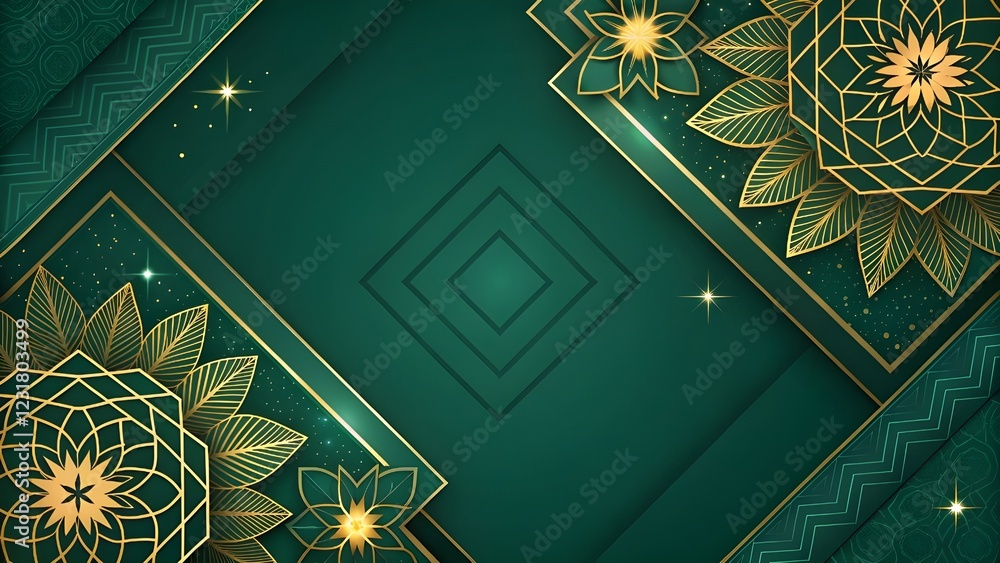 Intricate Islamic geometric patterns, emerald green and gold color ...