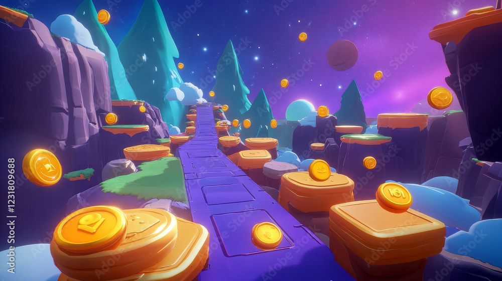 Space game background with spaceship and floating islands in cosmos ...