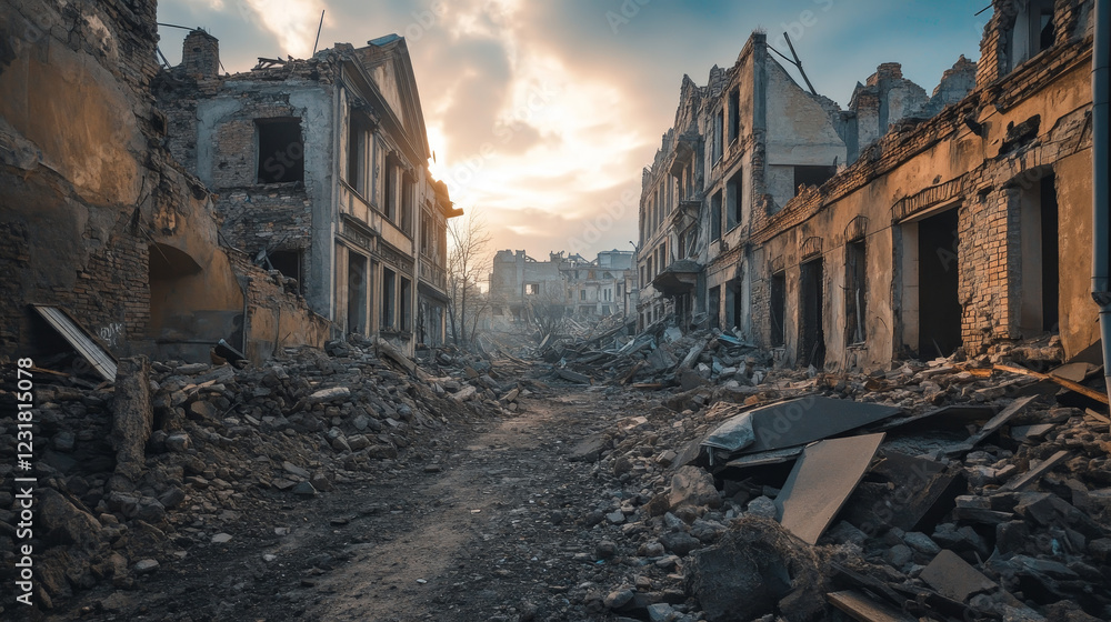 Destroyed city buildings after war or earthquake. Vector cartoon set of ...