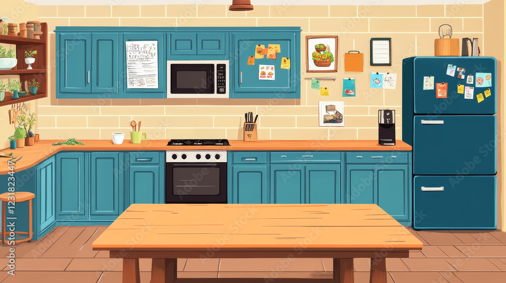 Kitchen interior witn furniture cartoon vector illustration. Home ...
