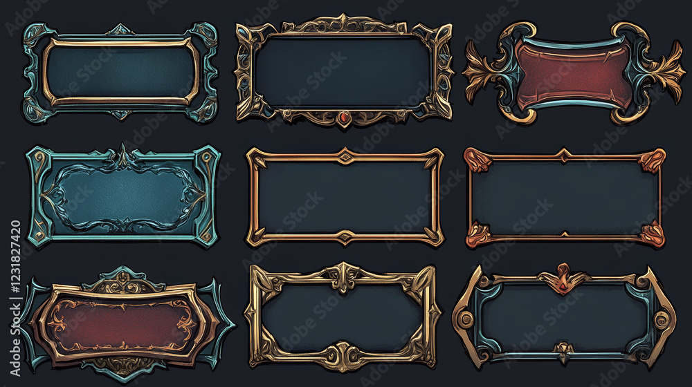 Game gold and silver fantasy frames in medieval style. Vector cartoon ...