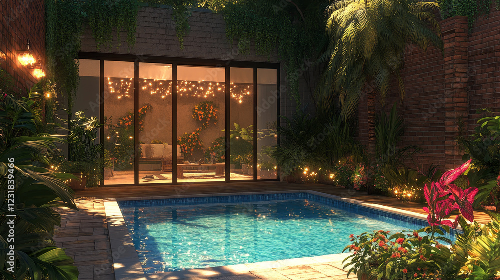 Backyard swimming pool behind open glass door. Vector cartoon ...