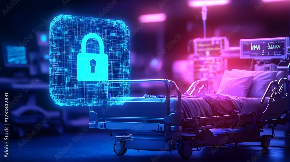 Futuristic Smart Hospital with AI Driven Digital Lock Hologram Floating Above Hospital Bed ...