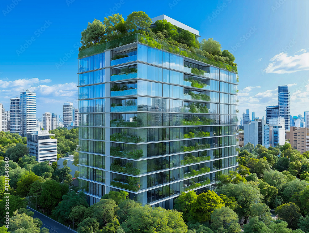 Eco-friendly building in modern city. Sustainable glass office building ...