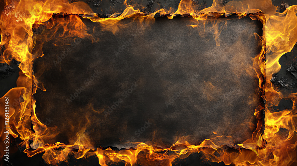 Fire on burnt paper edges. Frames with burn effect with yellow flame ...