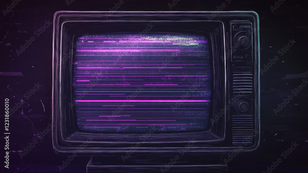 Vintage television screen effect with purple lines and pixels texture ...
