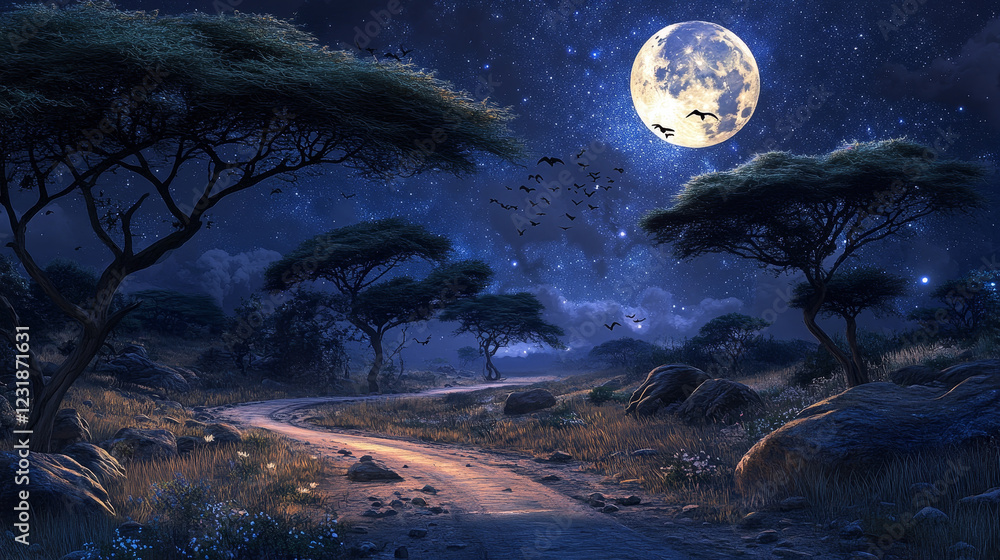 Night African savannah landscape, wild nature of Africa twilight view ...