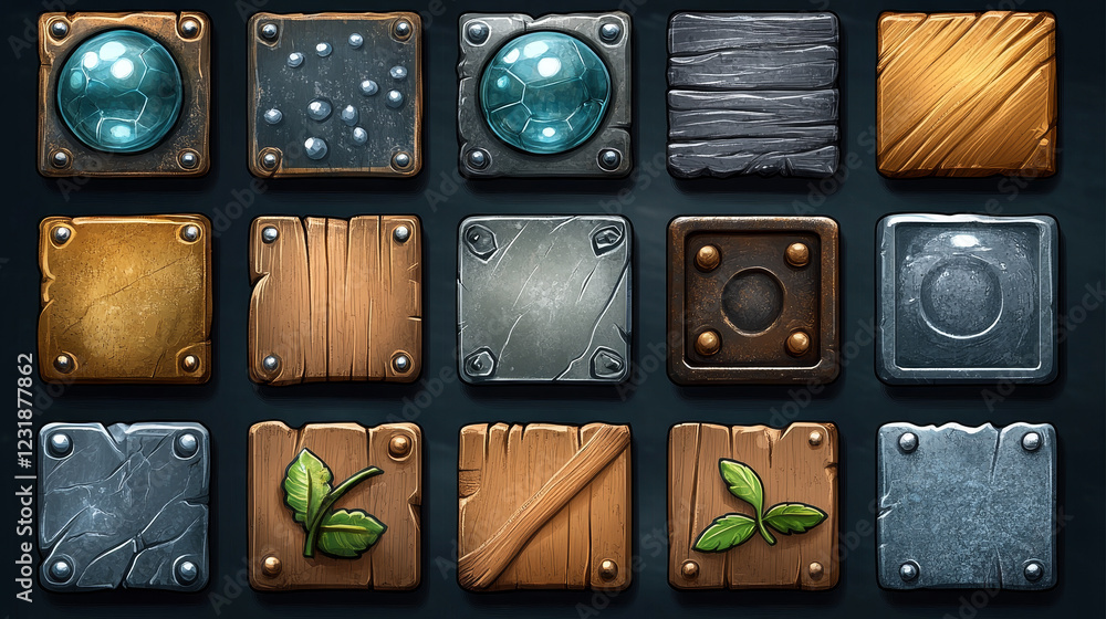 Square buttons with metal plate, bamboo, denim and glass textures for ...