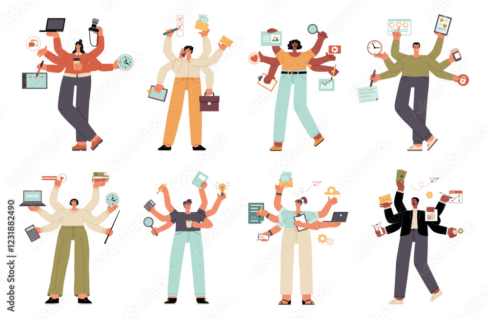 People do lot things at same time. Cartoon multitasking persons ...