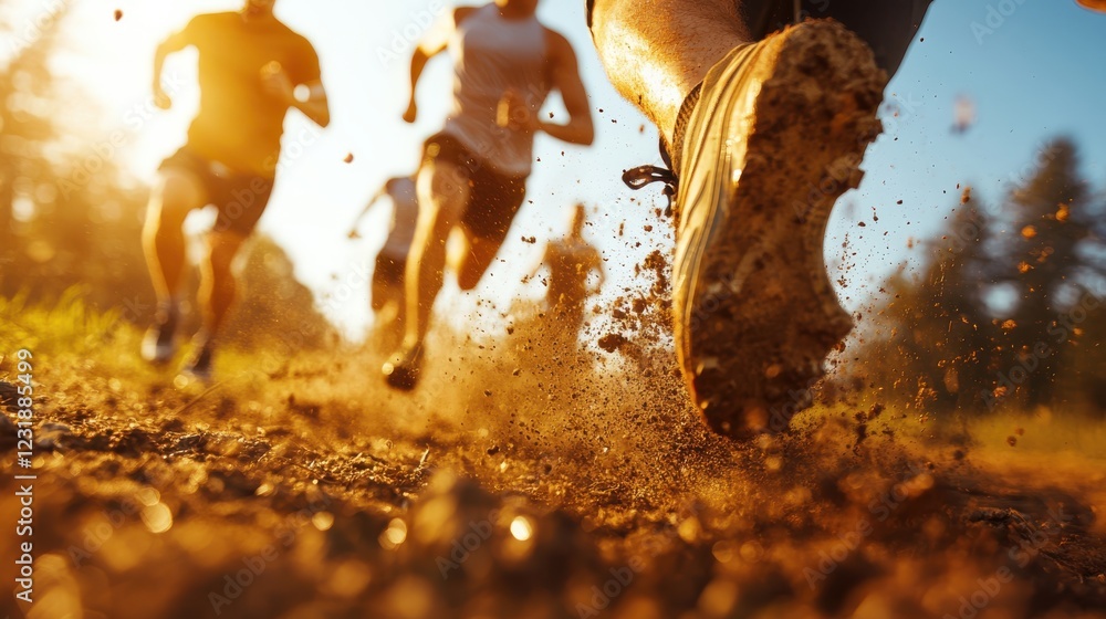 Runners surge forward in a dusty trail race at sunset Stock Photo ...