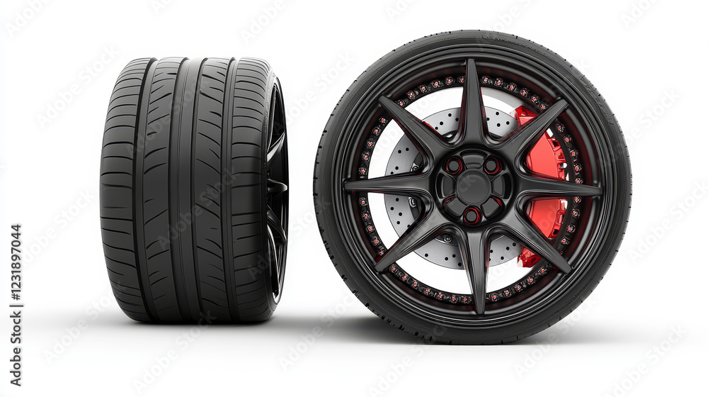 Sport car wheel with red brake gear and japanese steel disk isolated on ...