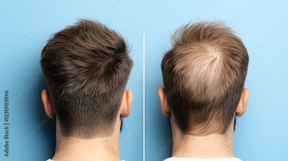 Comparison of male hairstyles, showing thick hair vs. thinning hair on ...