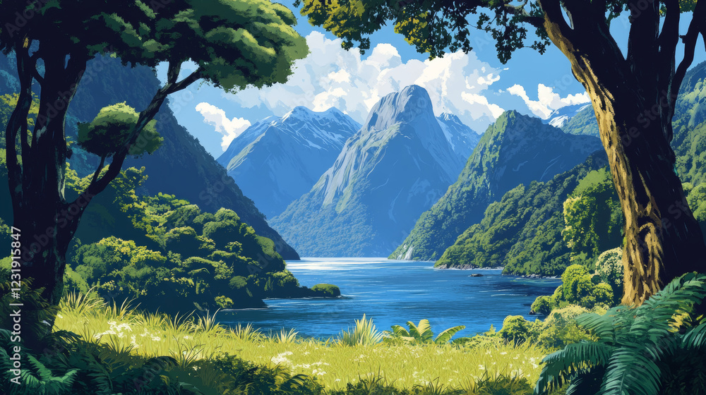 Summer landscape with jungle, mountains and sea on horizon. Vector ...