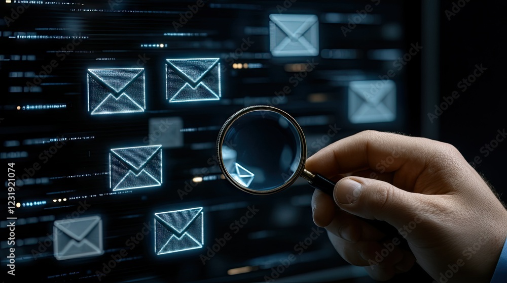 Digital communication through email inbox with magnifying glass ...