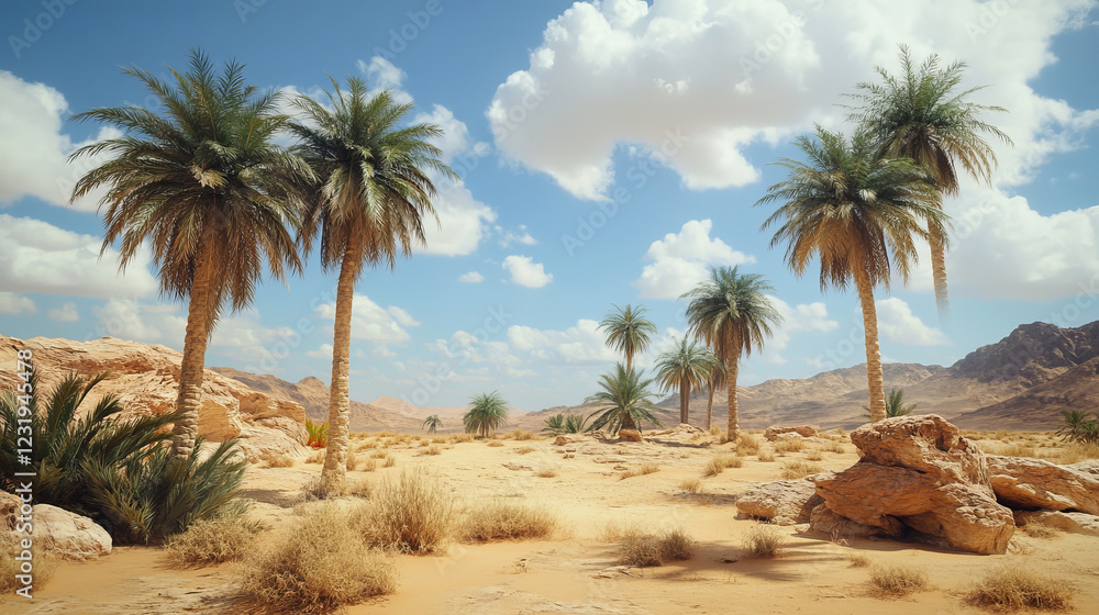 Desert oasis and palm tree landscape background. Rock boulder terrain ...
