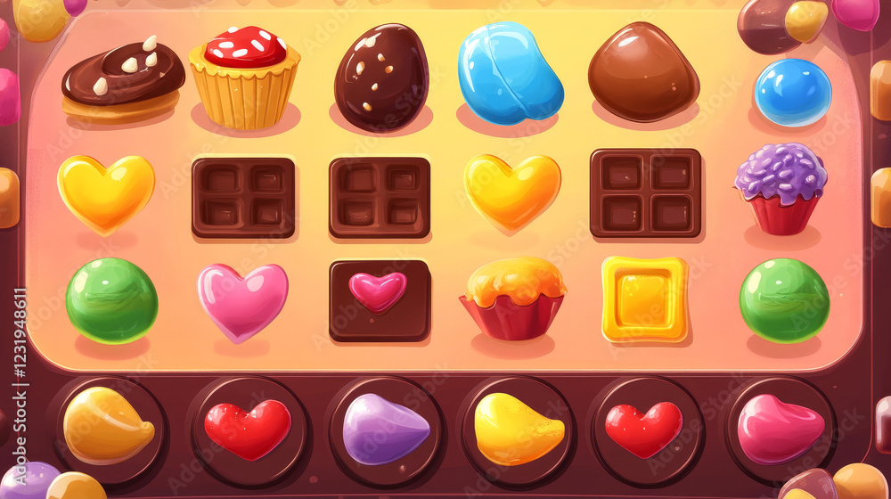 Ui candy match game interface with button and icon vector cartoon design set. Mobile puzzle ...