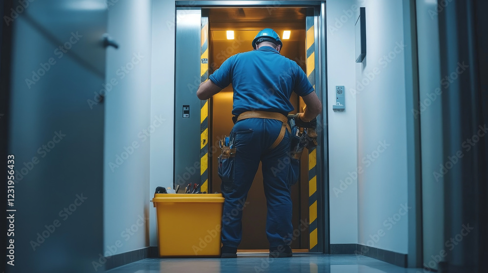 Repair man and out of order elevator with yellow stripes in house or ...