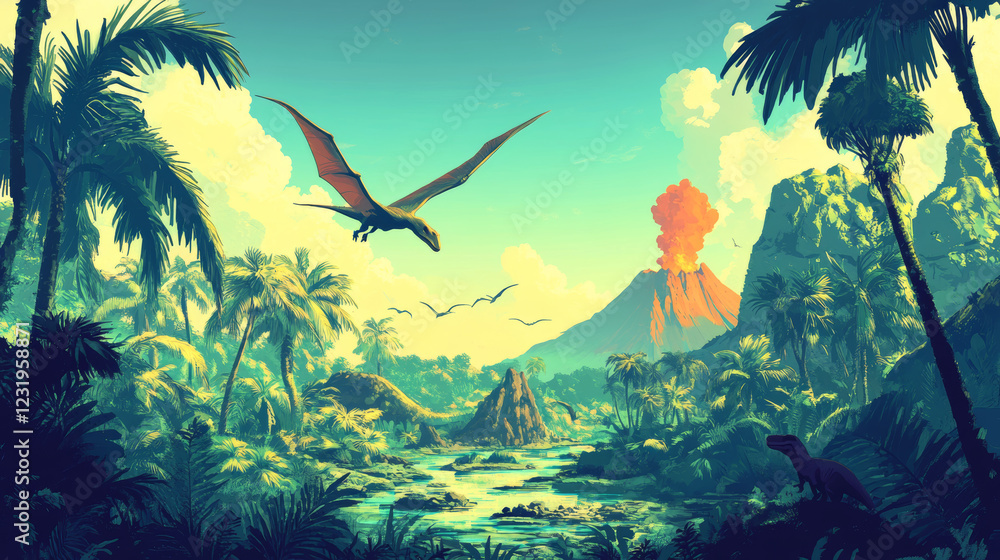 Ilustración de Stock Open book with dinosaurs on jungle landscape ...