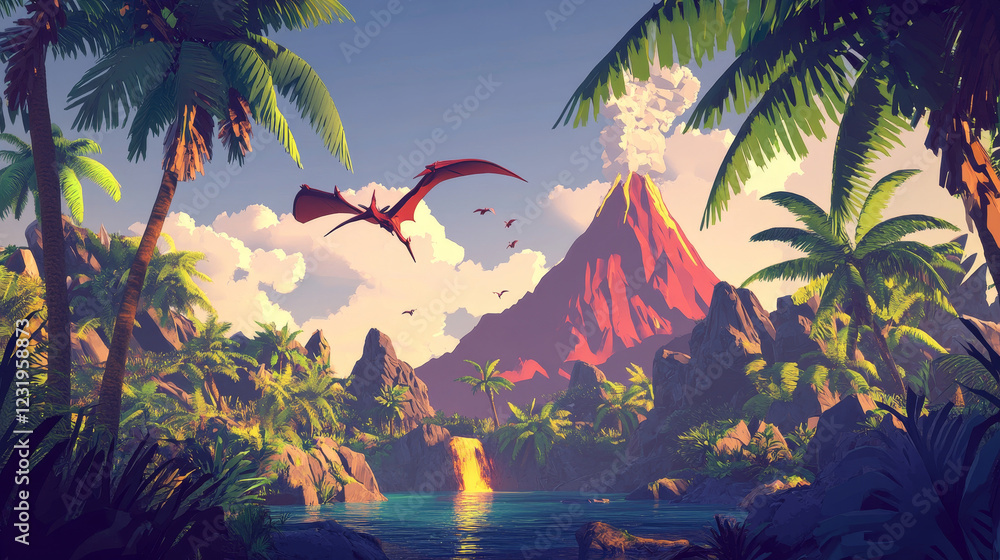 Open book with dinosaurs on jungle landscape. Vector cartoon ...