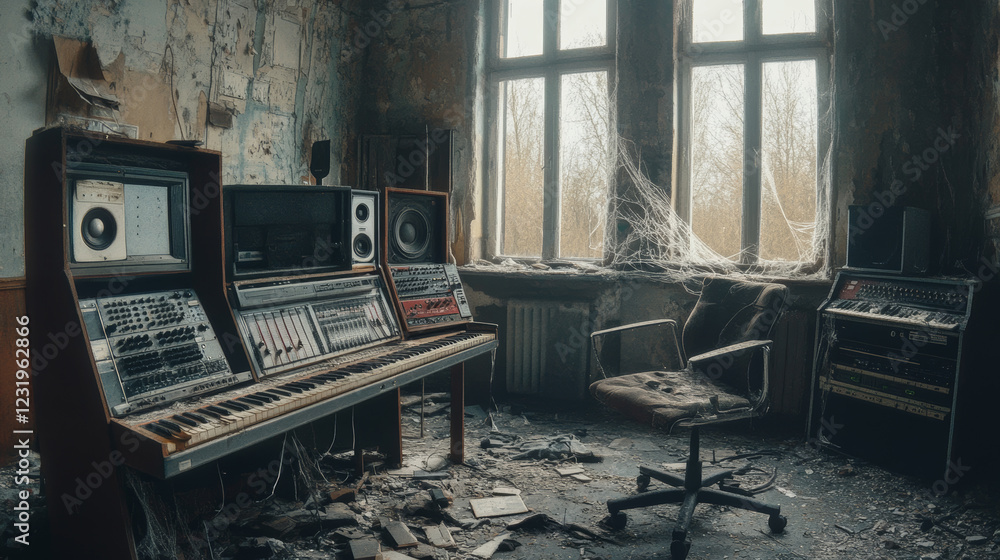 Stock-Illustration „Abandoned music record studio cartoon vector. Messy ...