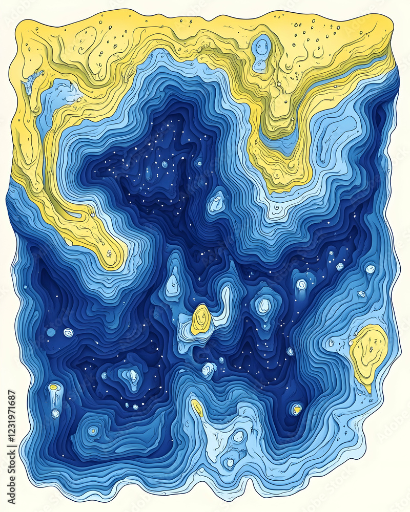 Abstract ocean depth map, coastal contours, underwater topography ...