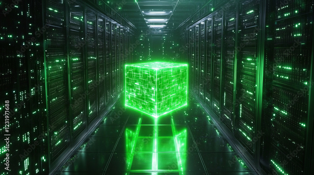 Futuristic data center interior or server room with hardware and ...