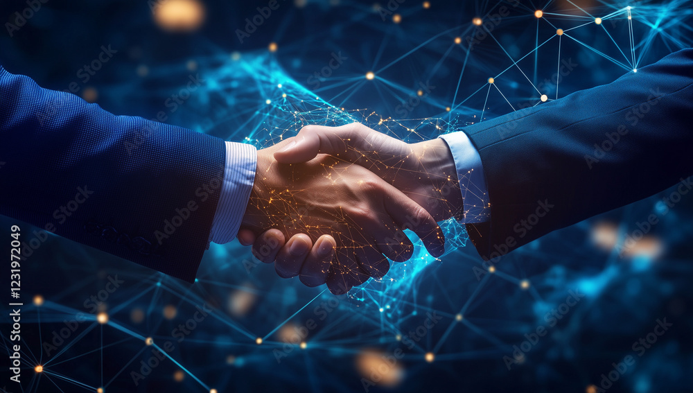 Two businessmen shaking hands against a backdrop of digital technology ...