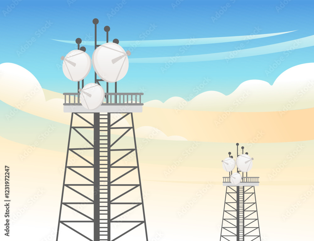 Black lattice broadcasting tower with massive satellite dishes. Signal ...