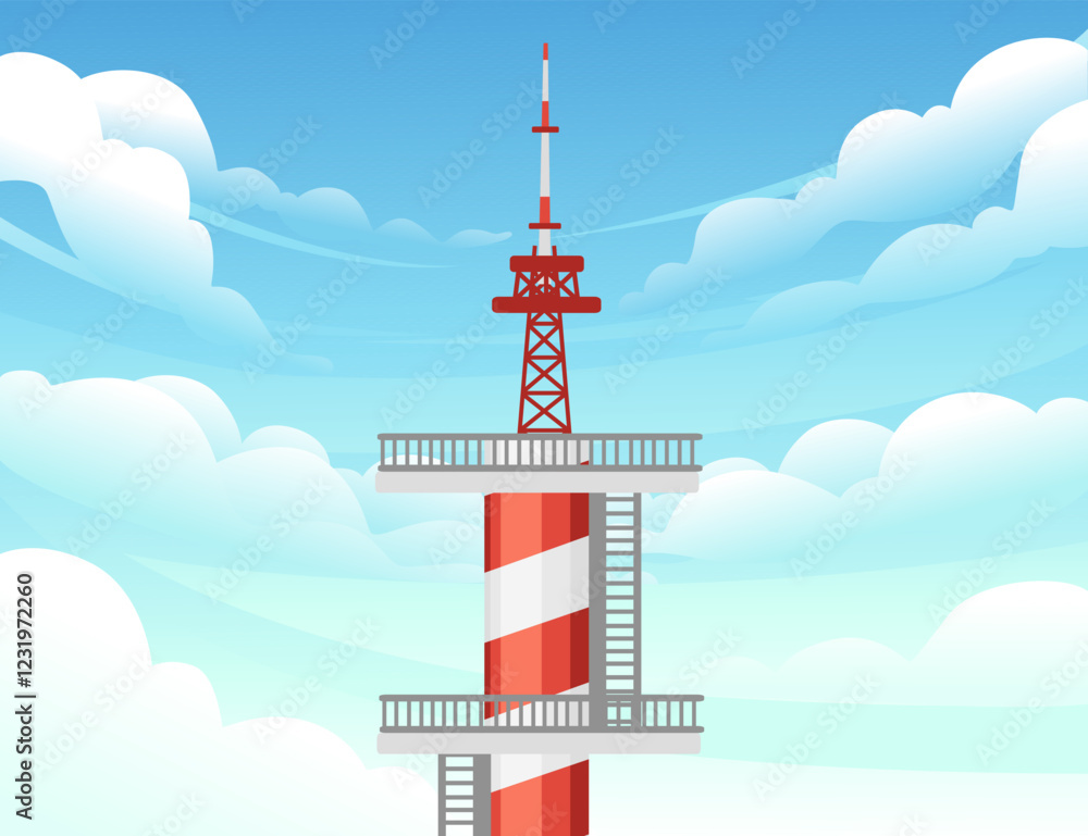 Red and white striped broadcasting pylon with large satellite dishes. Transmission tower for ...
