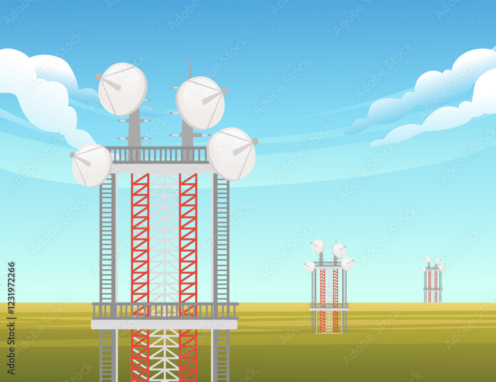 Radio tower equipped with multiple satellite dishes. Communication pylon with various antennas ...