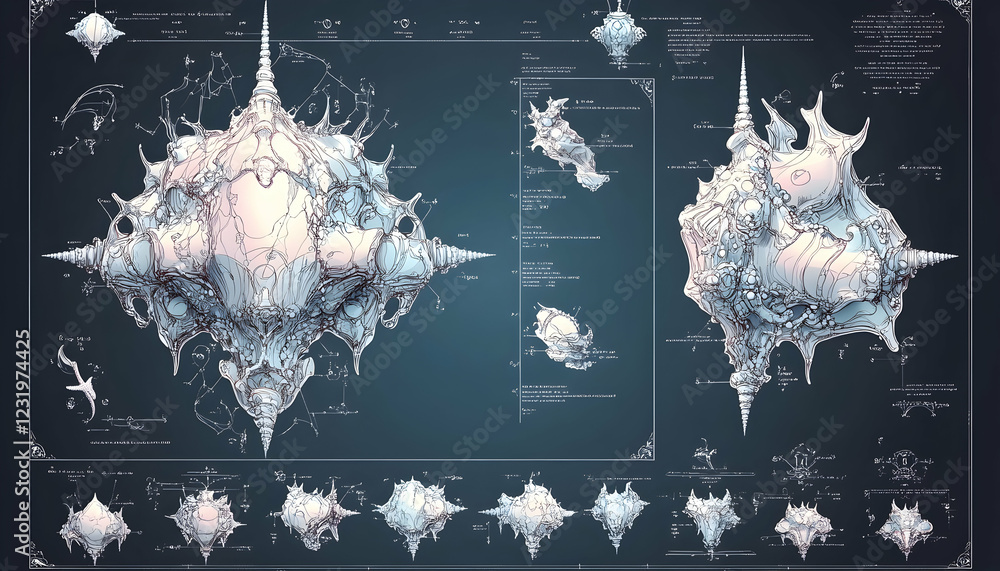 Alien structure concept art; multiple angles, blueprints, and ...