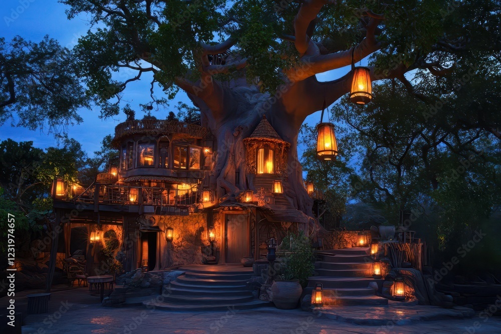 ancient treehouse temple carved into massive baobab tree, lanterns ...