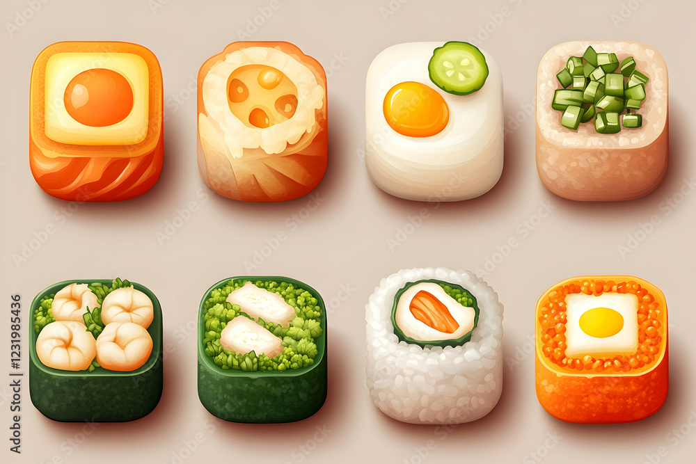 Eight square sushi variations, food app icons, beige background, menu ...