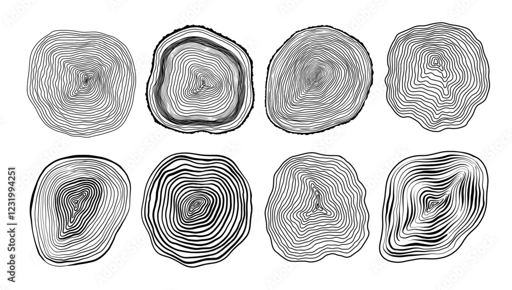 Set of linear tree stump prints isolated on white. Wooden silhouette ...