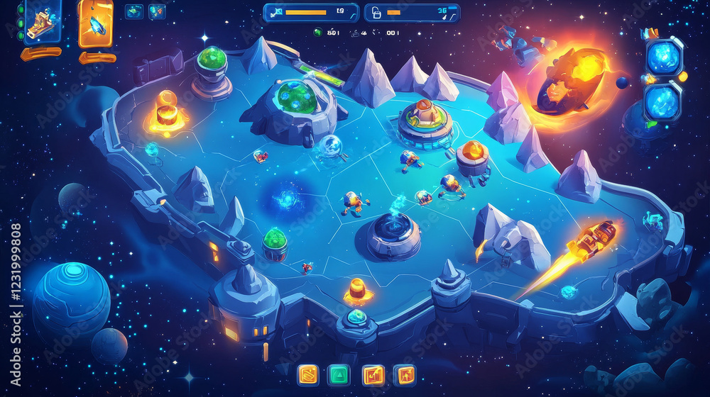 Space game ui level map with planet vector screen background. Galaxy cartoon illustration with ...